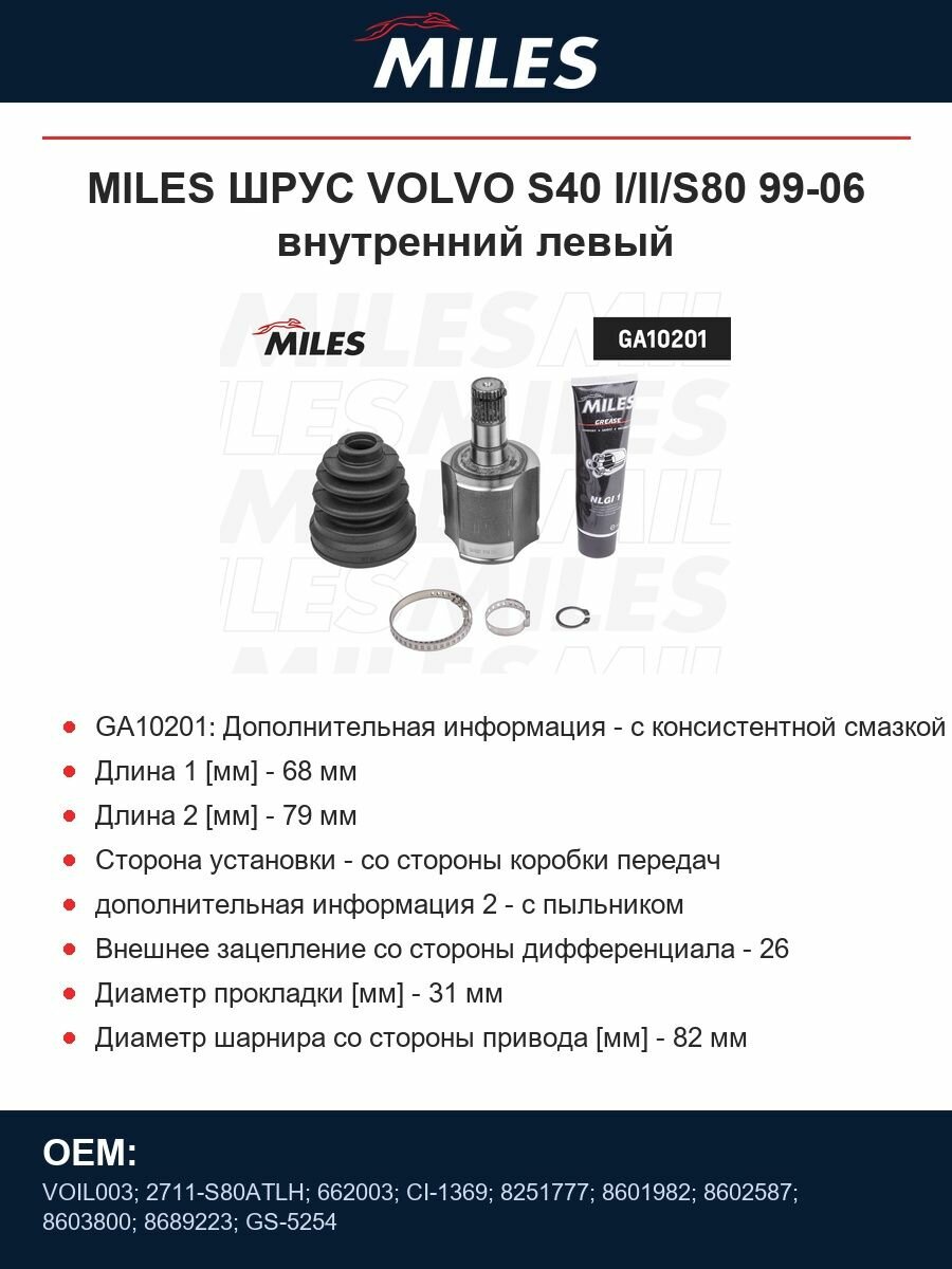MILES ШРУС VOLVO S40 I/II/S80 99-06 внутренний левый