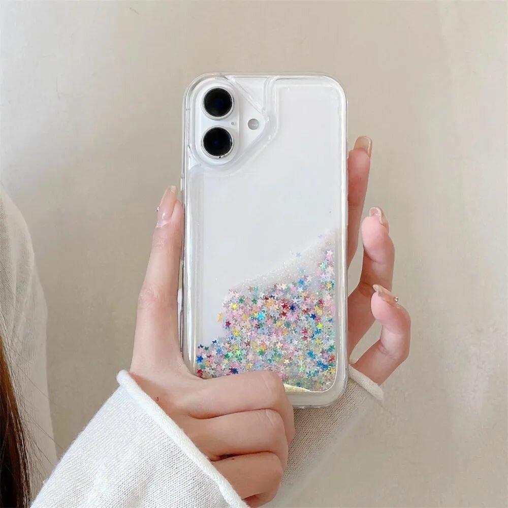Противоударный чехол для iPhone 17 Pro серии, с жидким песком, блестками и разноцветными звёздочками