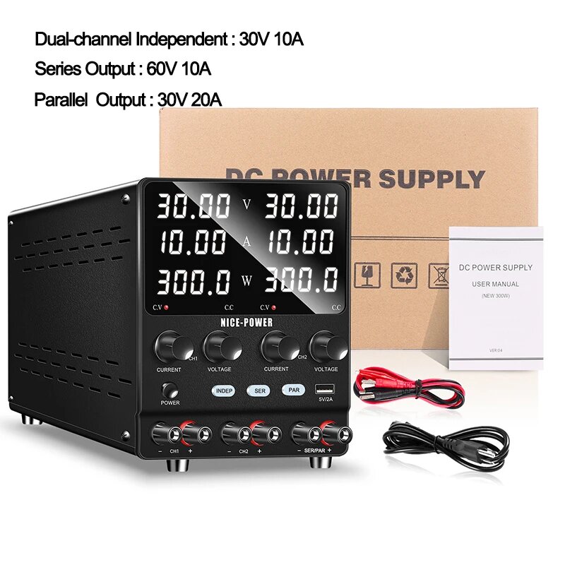 NICE-POWER 30V 10A Двухканальный Источник Электропитания Лабораторного Типа DC 60V 120V 240V Двойной Настольный Источник Электропитания с Положительным и Отрицательным Выводом Напряжения
