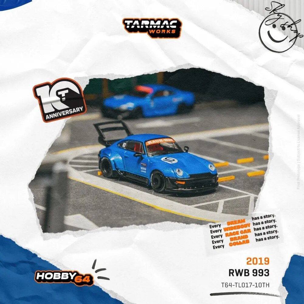 Машинка Tarmac works 1:64 Porsche RWB 993 10th Anniversary синяя