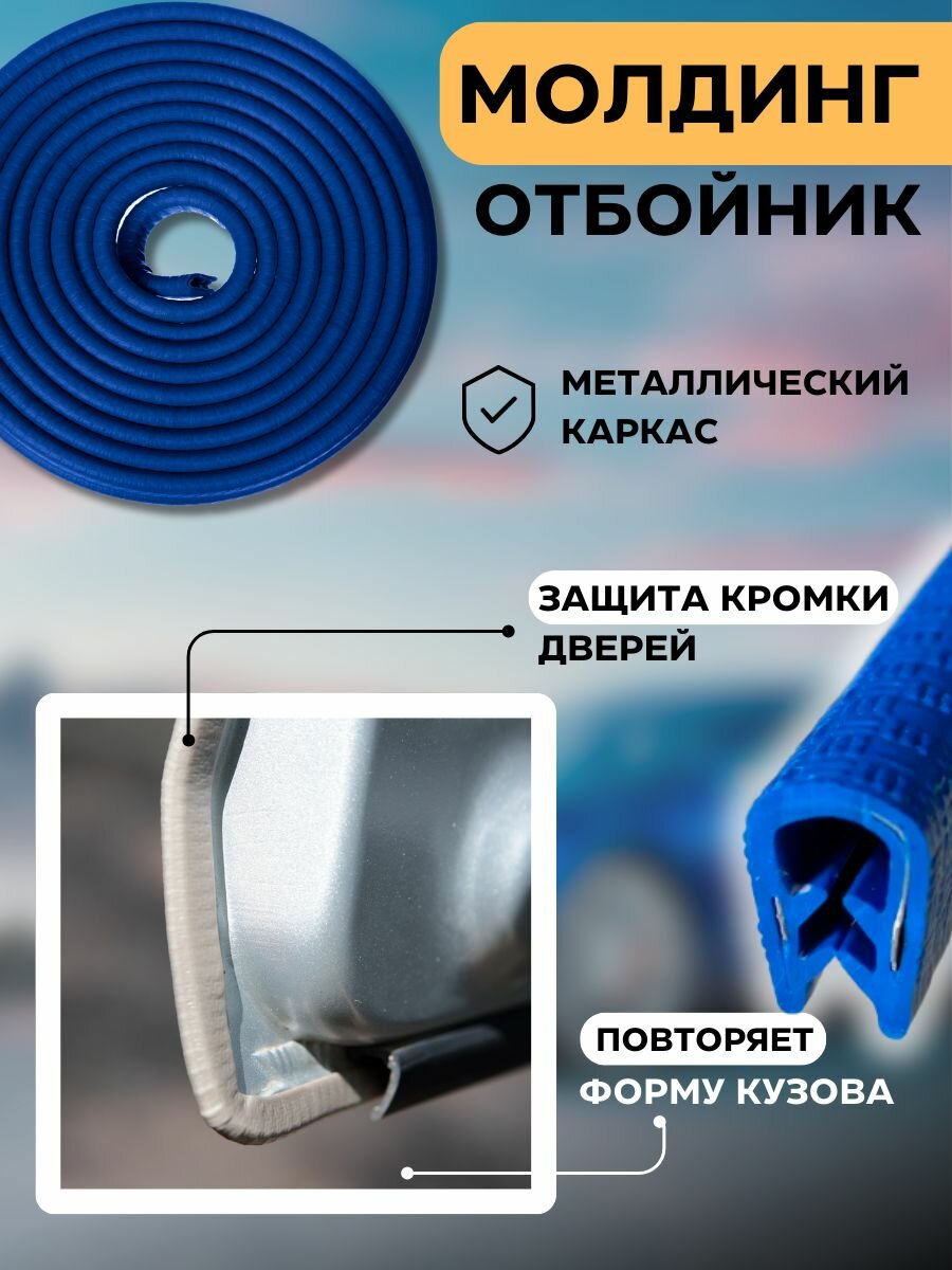 Молдинг-отбойник кромки дверей автомобиля, U-образный уплотнитель синий