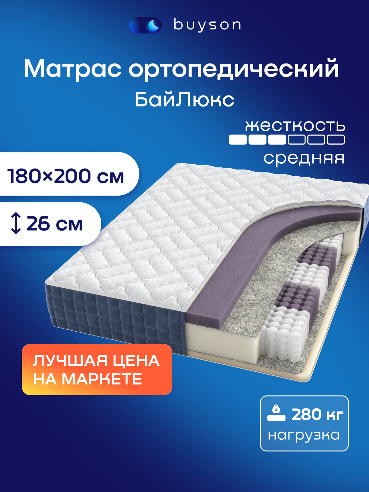 Ортопедический матрас buyson БайЛюкс, 180х200 см, независимые пружины