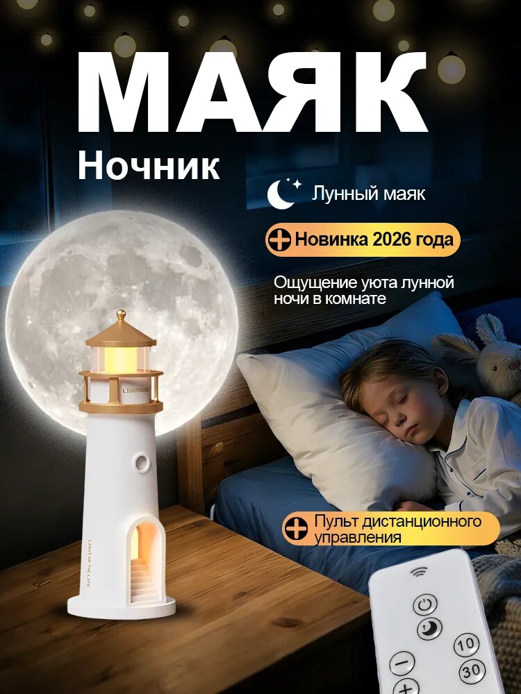 Ночник детский проектор маяк луна с пультом