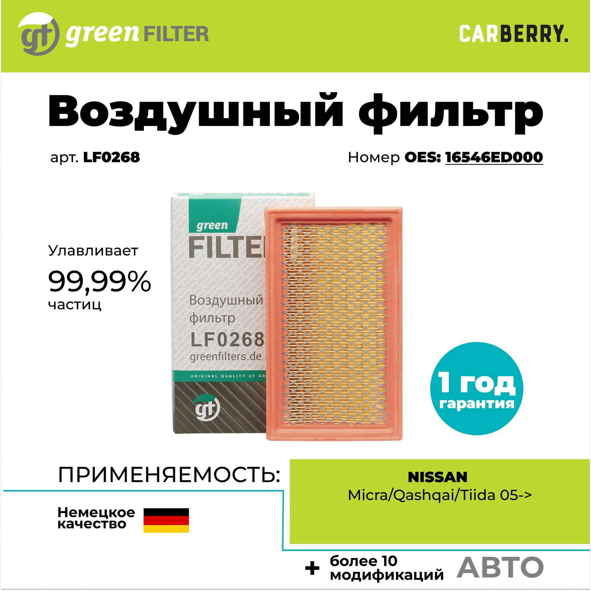 Фильтр воздушный Green Filter LF0268 для NISSAN Micra, Qashqai, Tiida, Note