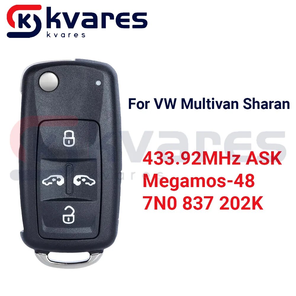 Ключ для VW Multivan Sharan 2016-2017, 433.92 МГц, ASK, Megamos AES, 7E0837202BK, 7N0837202K, выкидной ключ для VW Multivan Sharan