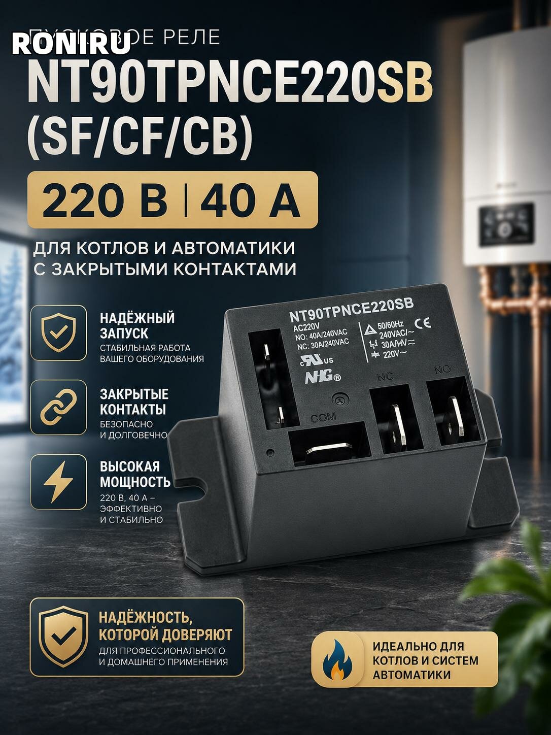 Пусковое реле NT90TPNCE220SB(SF/CF/CB) 220 В 40 А для котлов и автоматики с закрытыми контактами — надёжный запуск