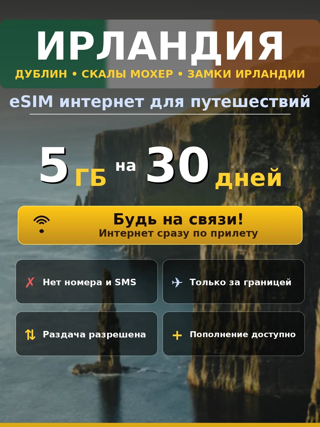 ESIM Ирландия — мобильный интернет 5 ГБ на 30 дней | виртуальная SIM-карта для путешествий