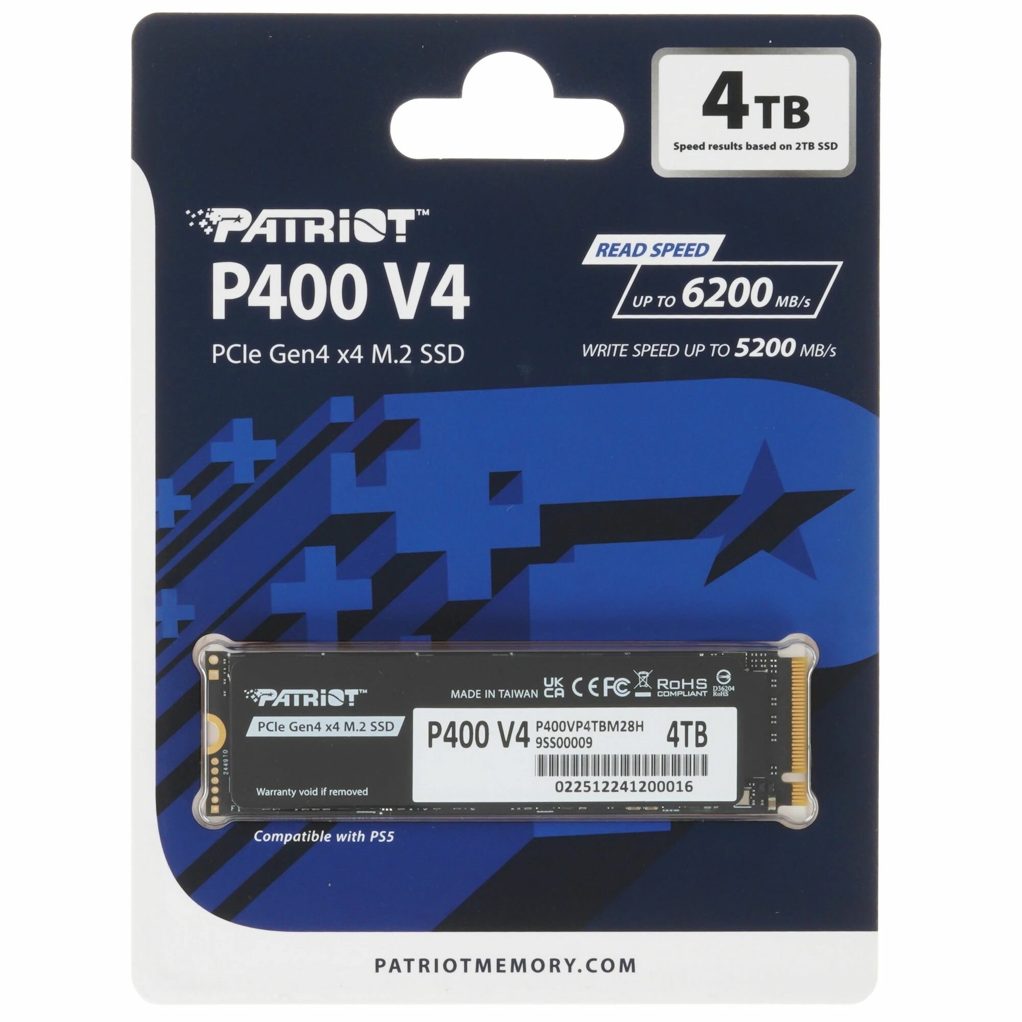4 ТБ M.2 NVMe накопитель Patriot P400 V4 (P400VP4TBM28H) - PCI-E 4.0, чтение - 6200 МБ/с, запись - 5200 МБ/c, TBW - 1280