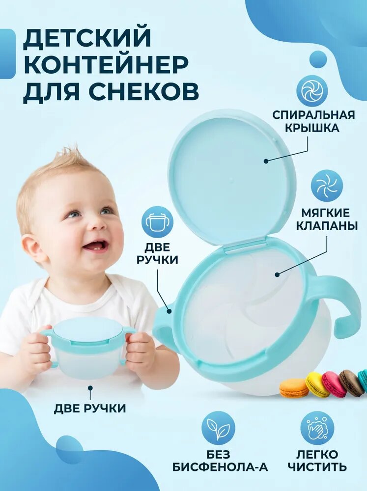 Детская банка для снеков с двумя ручками и защитой от проливания (голубого цвета)