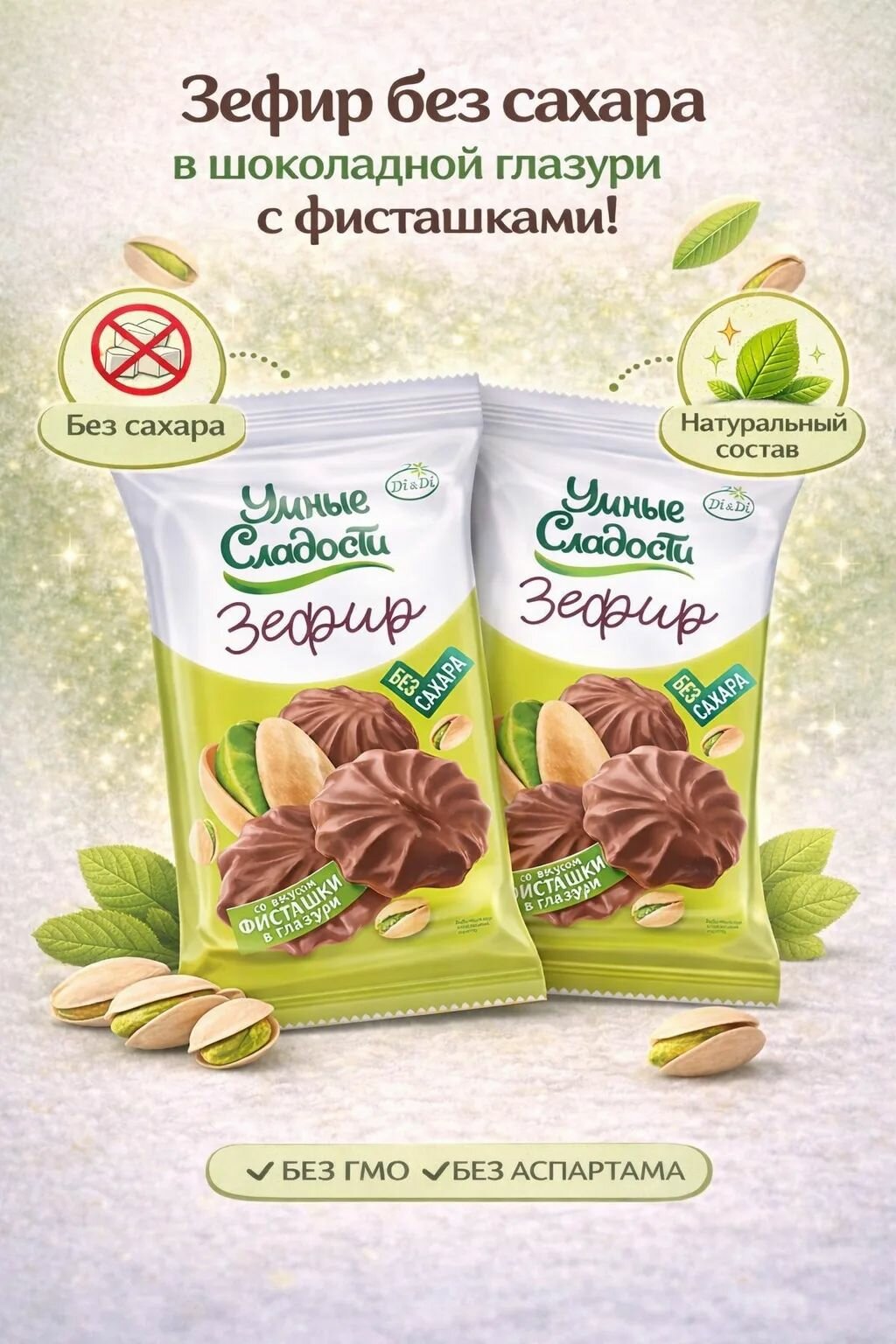Зефир Умные сладости со вкусом фисташки в молочно-шоколадной глазури 2пачки по 180гр.