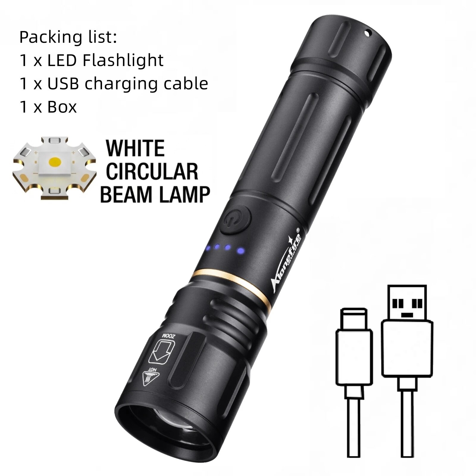 Фонарь Alonefire Zoom LED С Мощным Светом, USB-перезаряжаемый, Тактический, Для Кемпинга, Походов, Охоты, Рыбалки