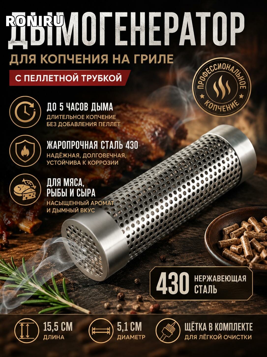 Дымогенератор для копчения на гриле с пеллетной трубкой — до 5 часов дыма, для мяса, рыбы и сыра, жаропрочный.