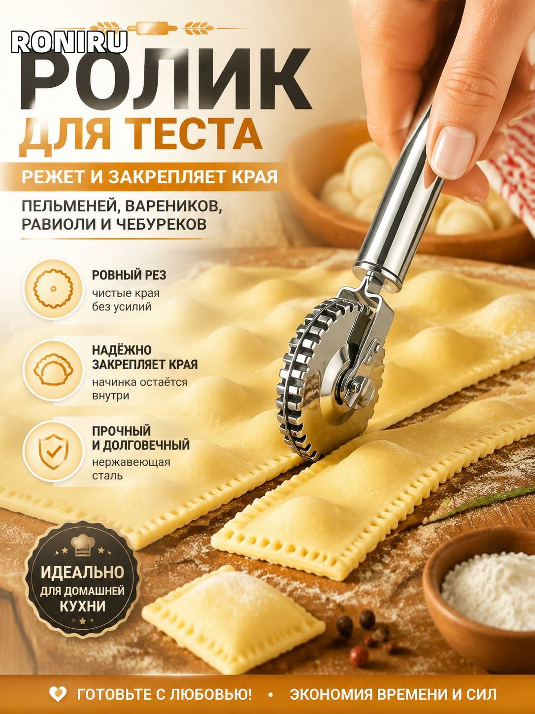 Ролик для теста: инструмент для резки и закрепления краев пельменей, вареников, равиоли и чебуреков, практично