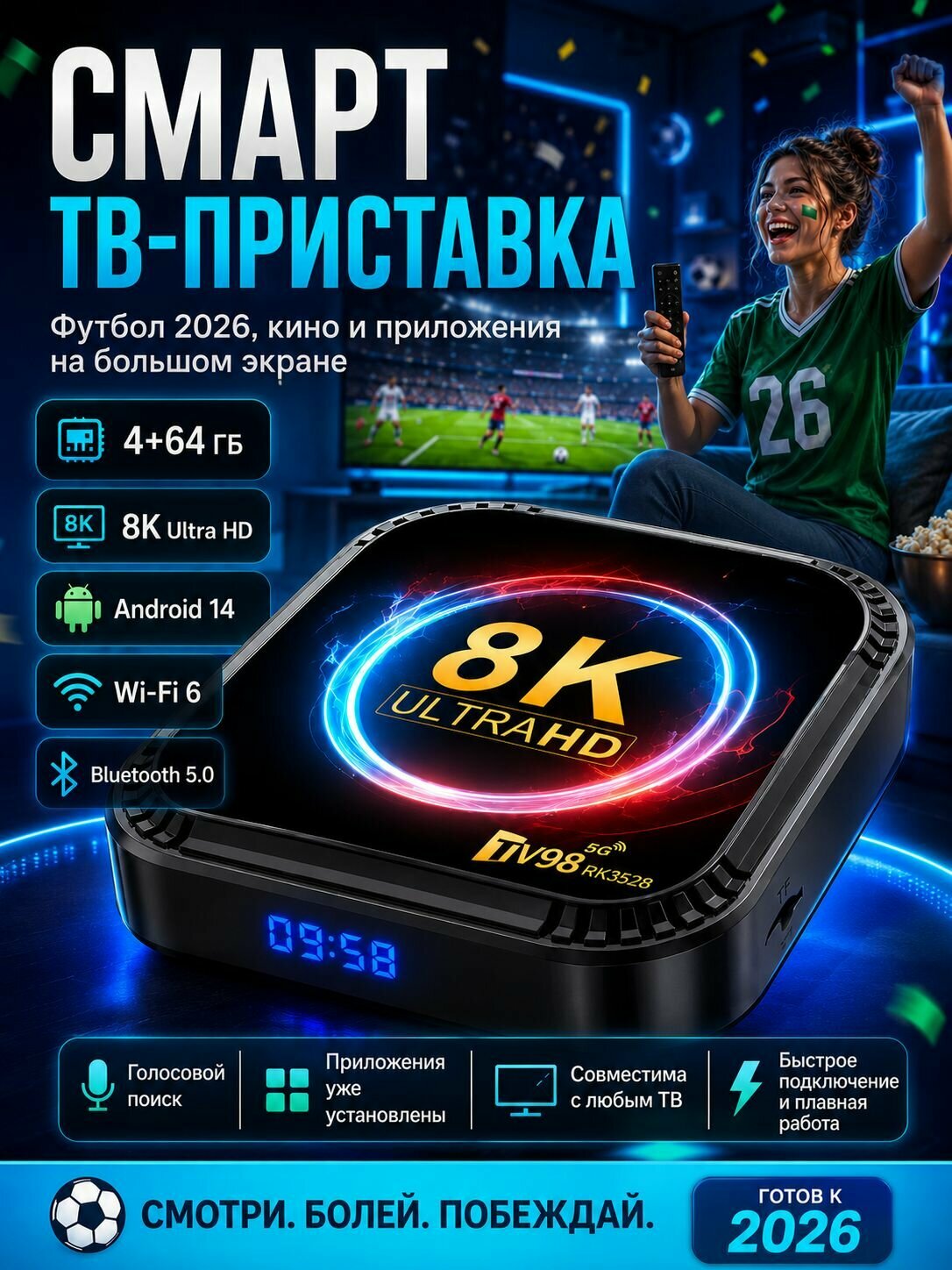 Смарт тв приставка, Android 14,8K,4+64G, мощная производительность, последние модели 2026 года выпуска