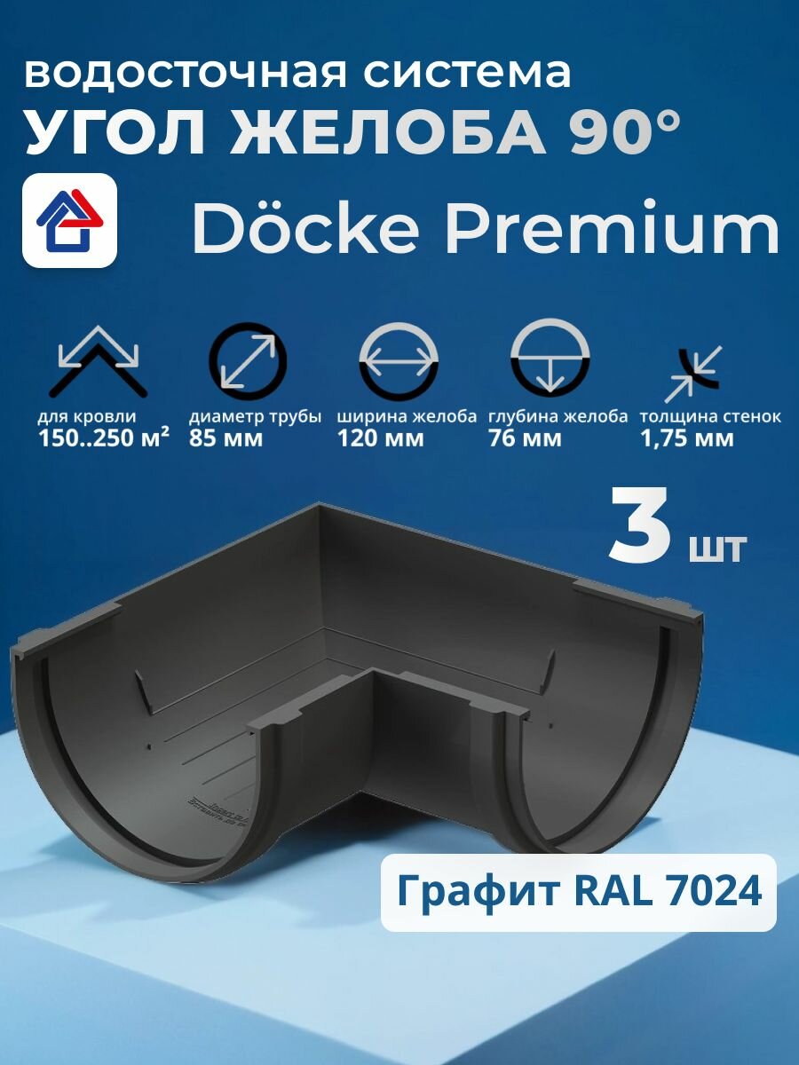 Угол желоба 90 пластиковый Docke Premium, графит, 3 шт.