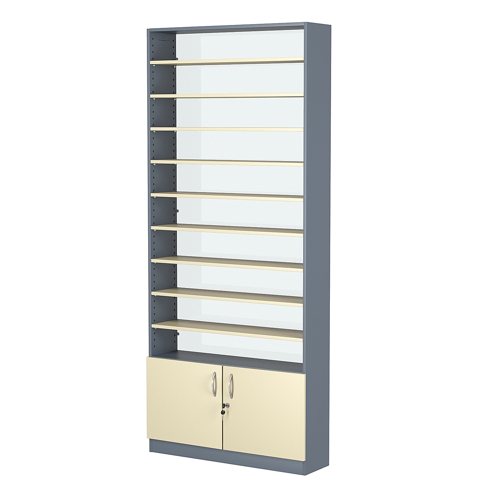 Стеллаж из ДСП с 9-ю полками 250x900 мм серии LEVEL-9 №11-1 (З/C - стекло), Темно-серый + Крем Вайс