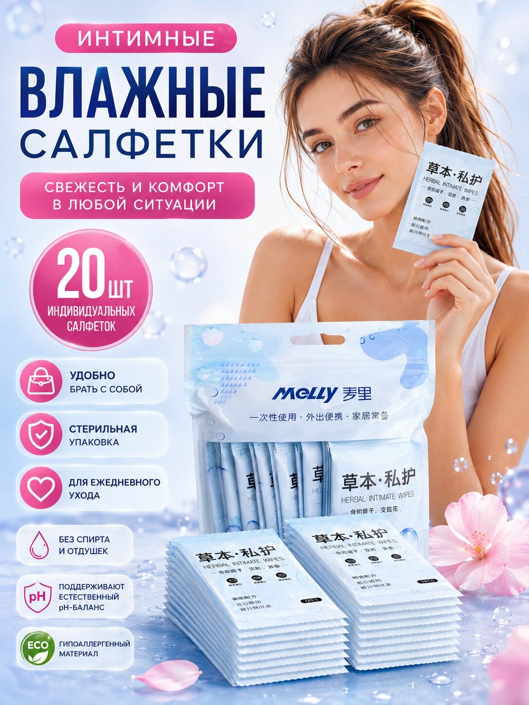 Влажные салфетки для интимной гигиены, мини-саше 20 шт.