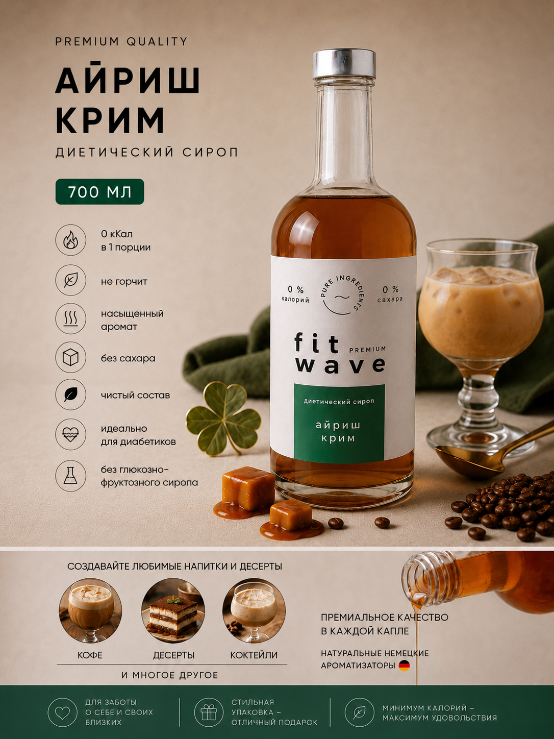 Сироп диетический без сахара низкокалорийный FitWave Айриш крим 700 мл. для кофе