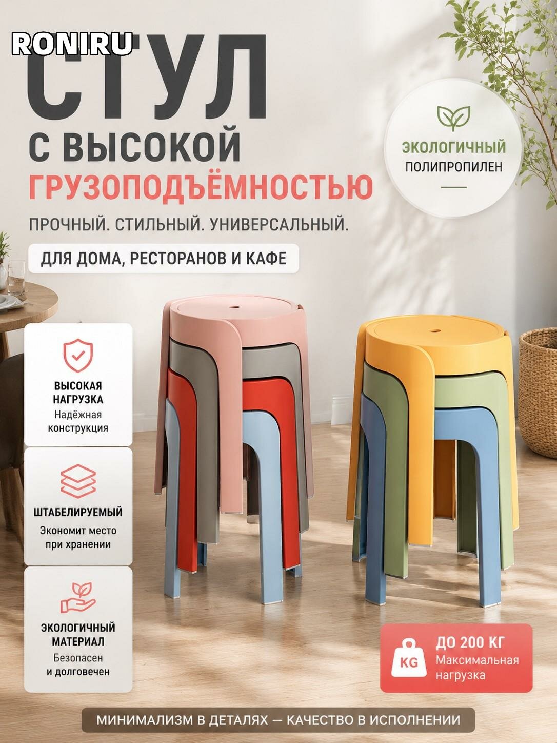Стул с высокой грузоподъемностью — прочный штабелируемый стул из экологичного полипропилена для дома и ресторанов