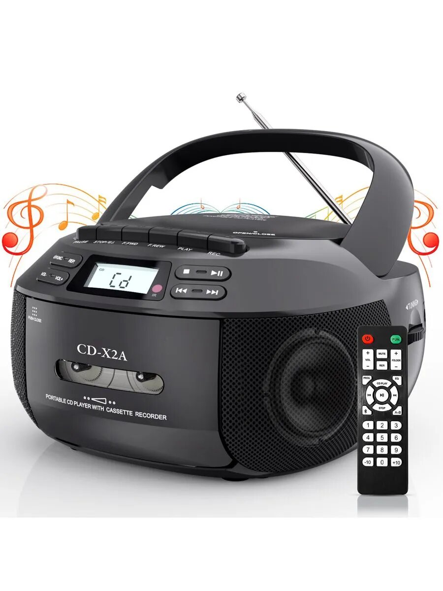 Кассетный бумбокс с Bluetooth, AM/FM радио и USB, запись на кассету, пульт ДУ