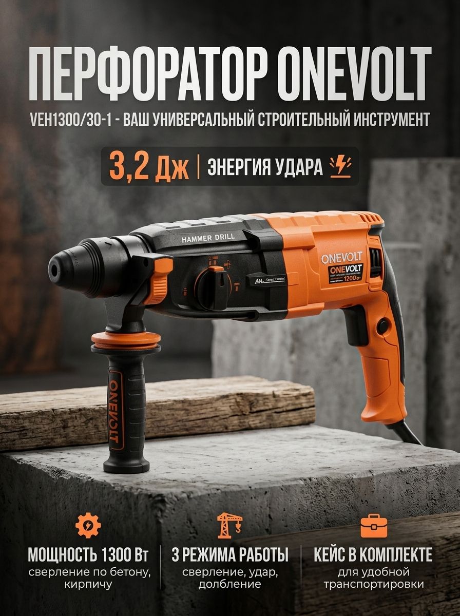 Перфоратор электрический ONEVOLT VEH1300/30-1 1300Вт, 3,2 Дж, SDS+, кейс.
