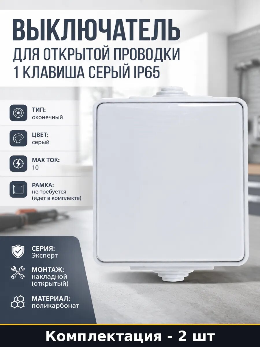 Выключатель влагозащищенный накладной 10а серый 2 шт