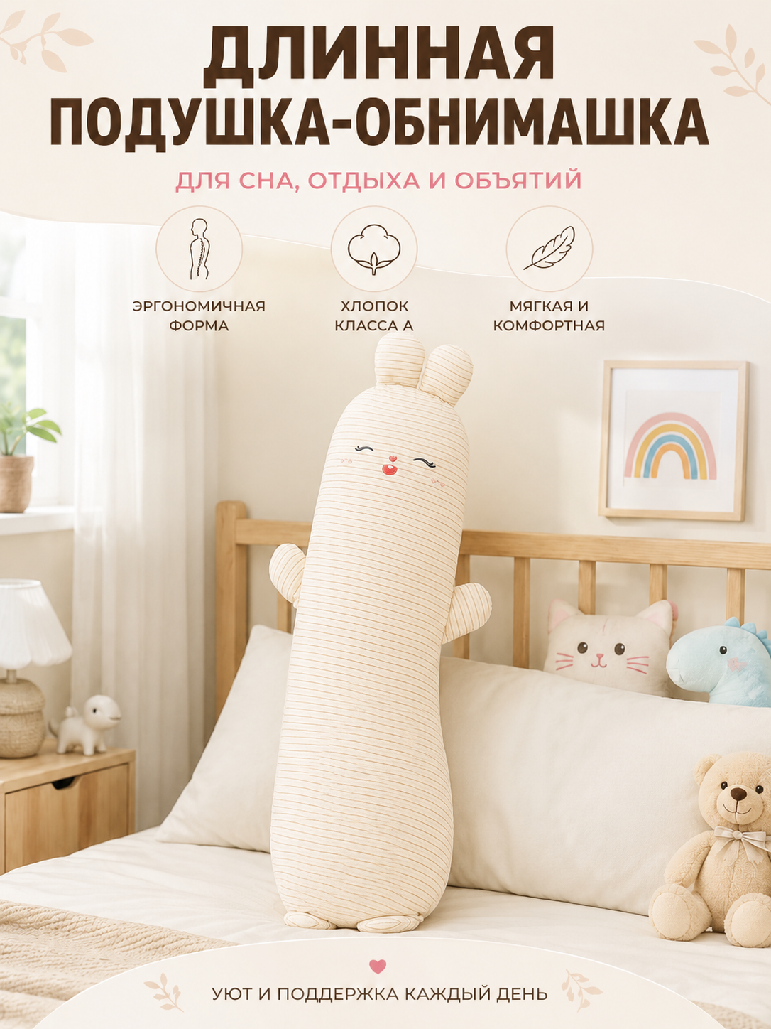 Подушка-обнимашка длинная из хлопка, эргономичная мягкая подушка для сна и отдыха в кровати, игрушка-зверушка для взрослых и детей
