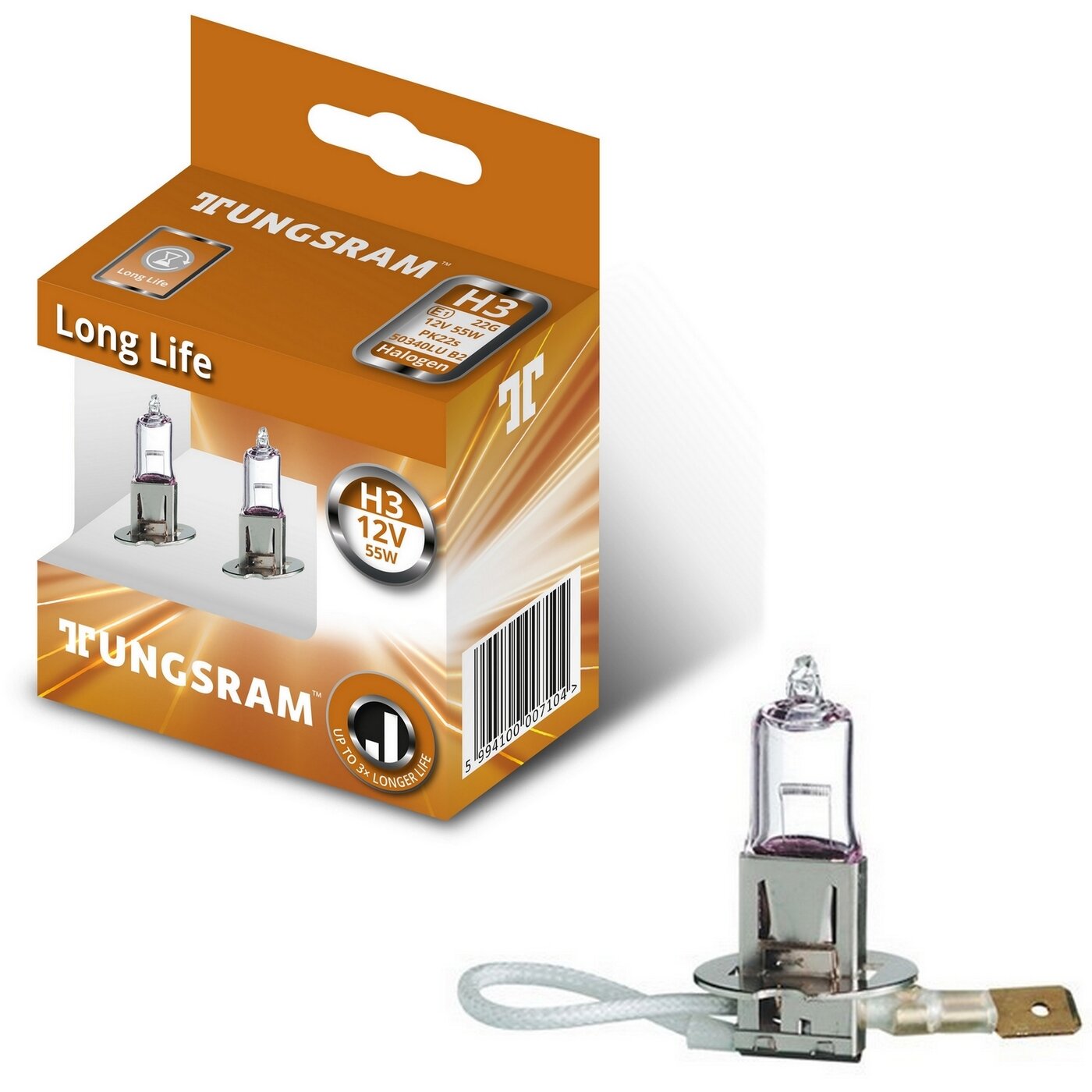 Лампы TUNGSRAM "LONG LIFE", H3, 12V, 55W, PK22s, 3200K, комплект 2 шт.