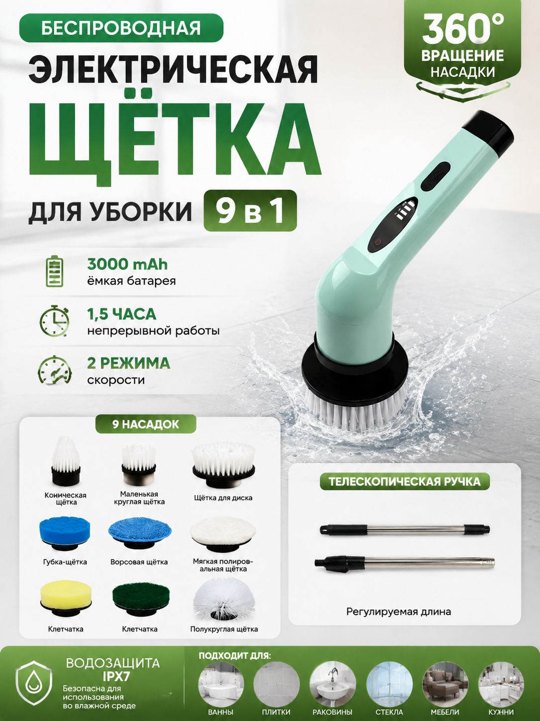 Электрическая щетка для уборки 9 в 1/ электрощетка для уборки дома с насадками, универсальная беспроводная. Очистка потолков батарей щелей, труднодоступных мест, в квартире и машине.