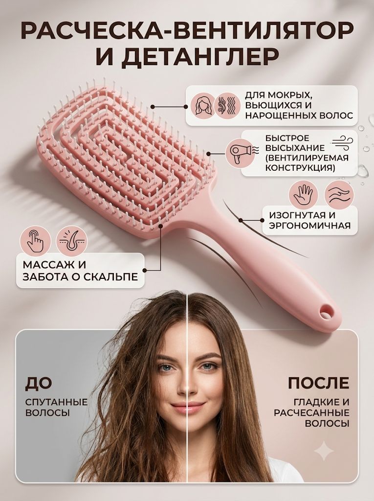 Расческа для волос массажная, продувная расческа для укладки, щётка для распутывания мокрых, вьющихся и нарощенных волос