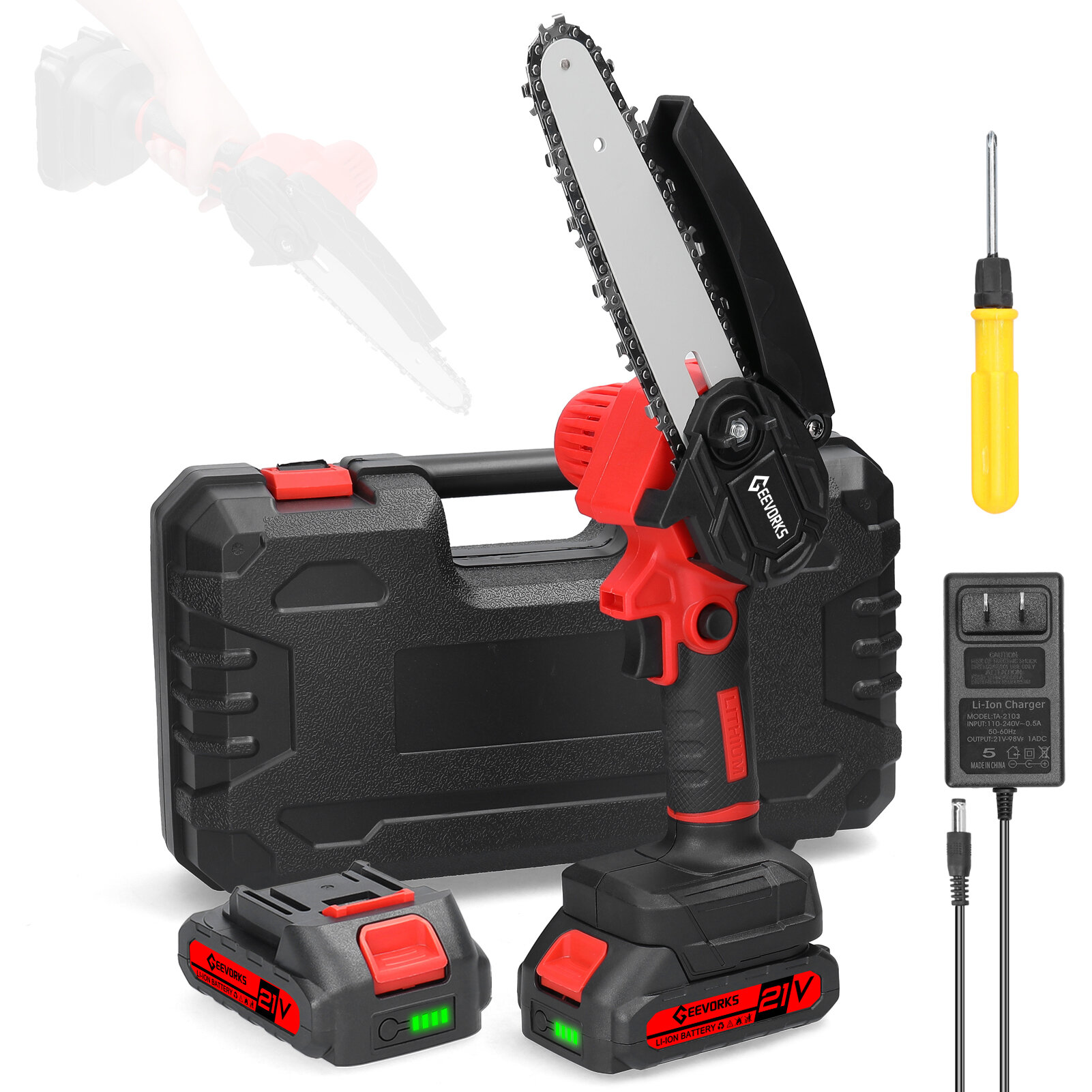 21 В 6-дюймовая портативная электрическая пила для обрезки деревьев, небольшая цепная пила для колки древесины, щеточный двигатель, одноручный инструмент для работы по дереву, для сада и огорода.