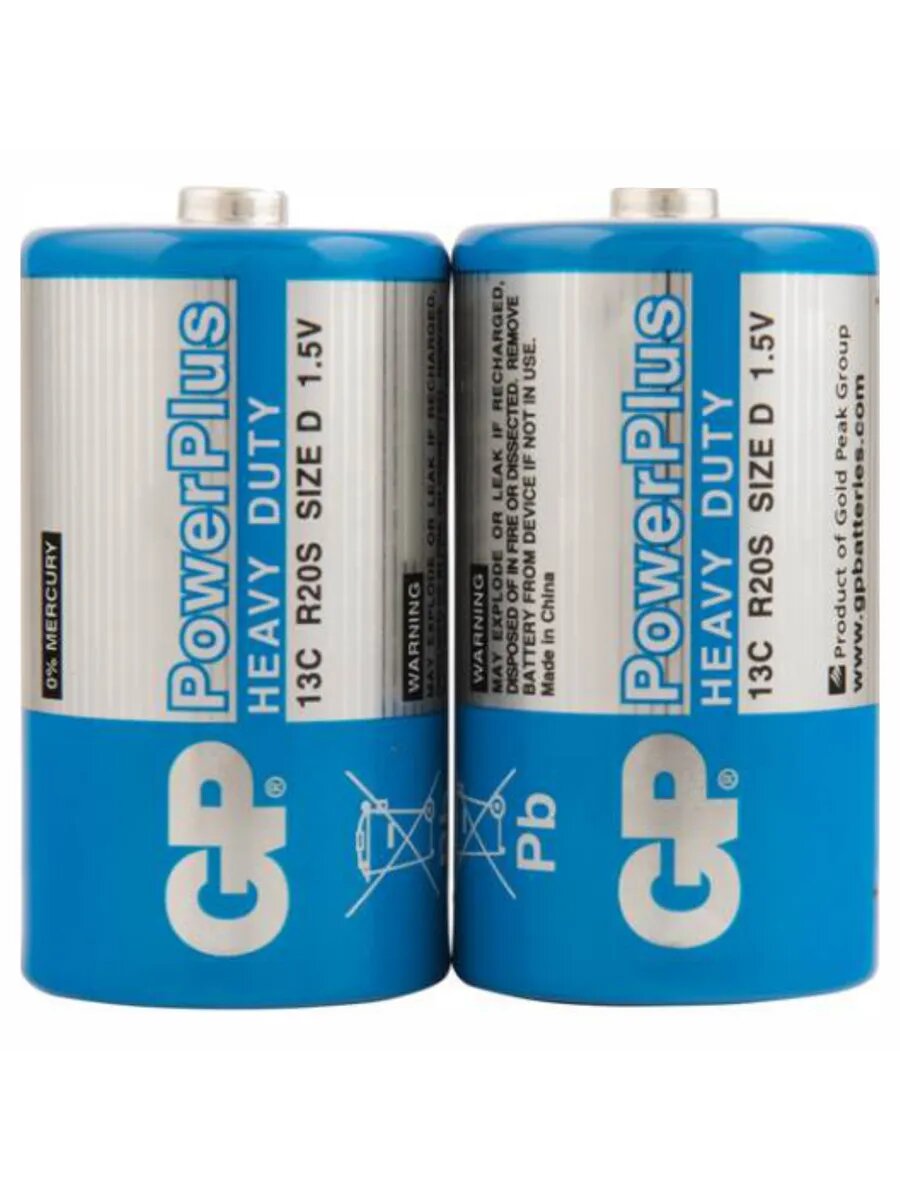 Батарейки большие круглые GP Batteries 1,5В солевые R20 D 2шт