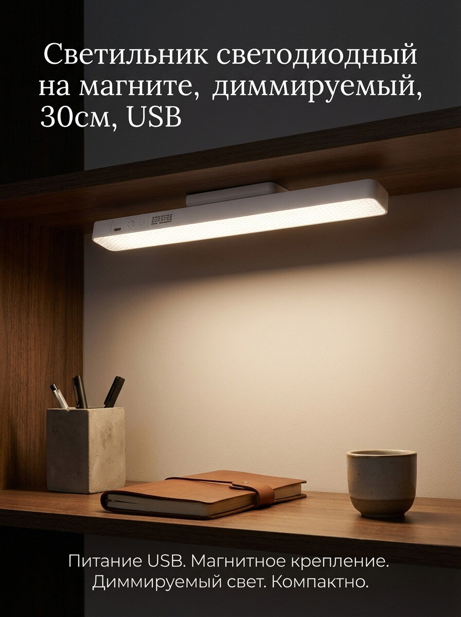 Светильник светодиодный на магните, диммируемый, 30см, USB, 1шт