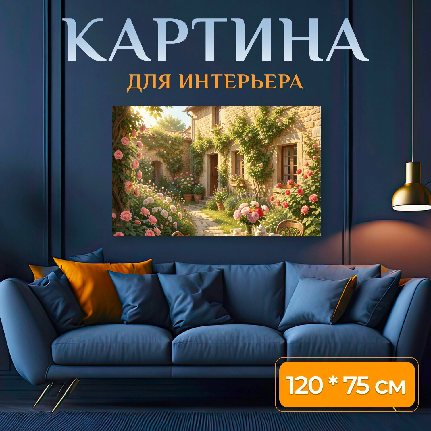 Картина на холсте "Уютный сад во дворе дома. Солнечный европейский дворик с каменным домом, увитым розами и зеленью. Цветущие кусты, садовая." на подрамнике 120х75 см. для интерьера