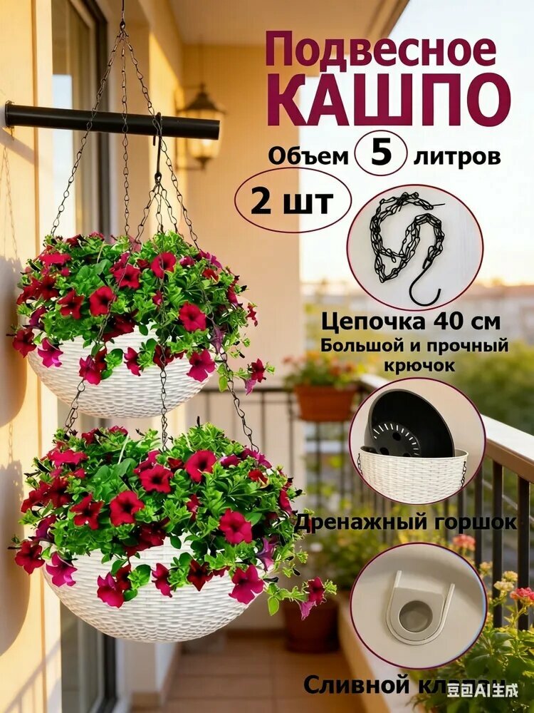 Кашпо 5 л, 54 см, 2 шт, цвет белый