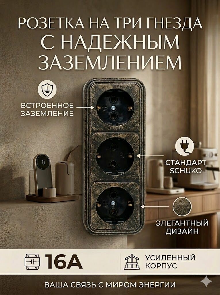 Электрическая ретро-розетка открытой установки 3 местная с землей