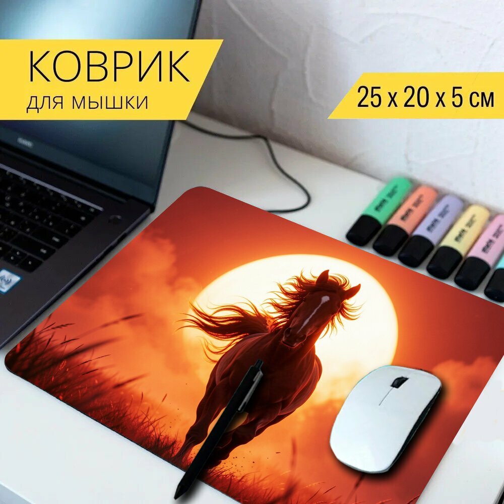 Коврик для мыши с принтом "Лошадь на фоне заката. Динамичный силуэт скакуна, несущегося по полю на фоне огромного светящегося солнца, в теплой оранжево-красной палитре." 25x20см.