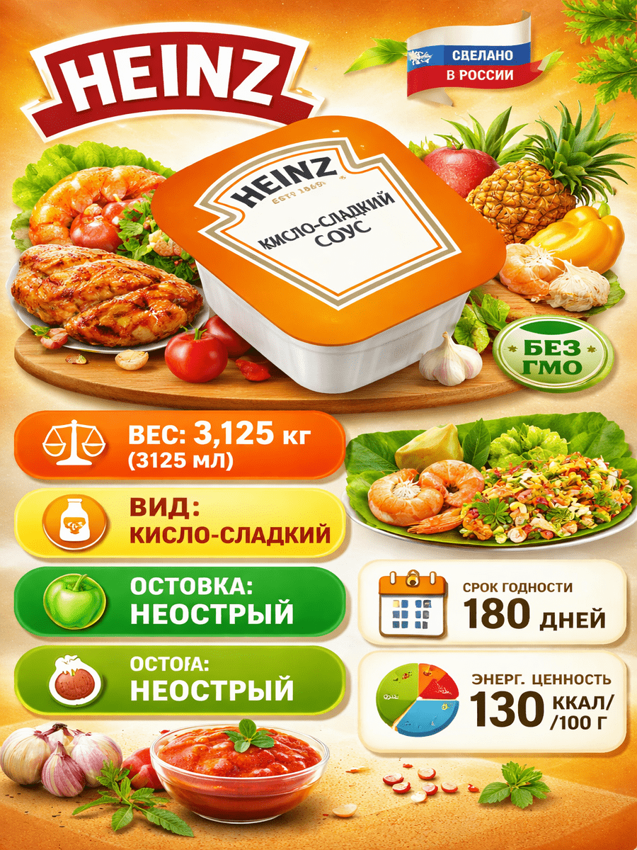 Соус Heinz кисло-сладкий (25мл x 125шт), 3.125кг