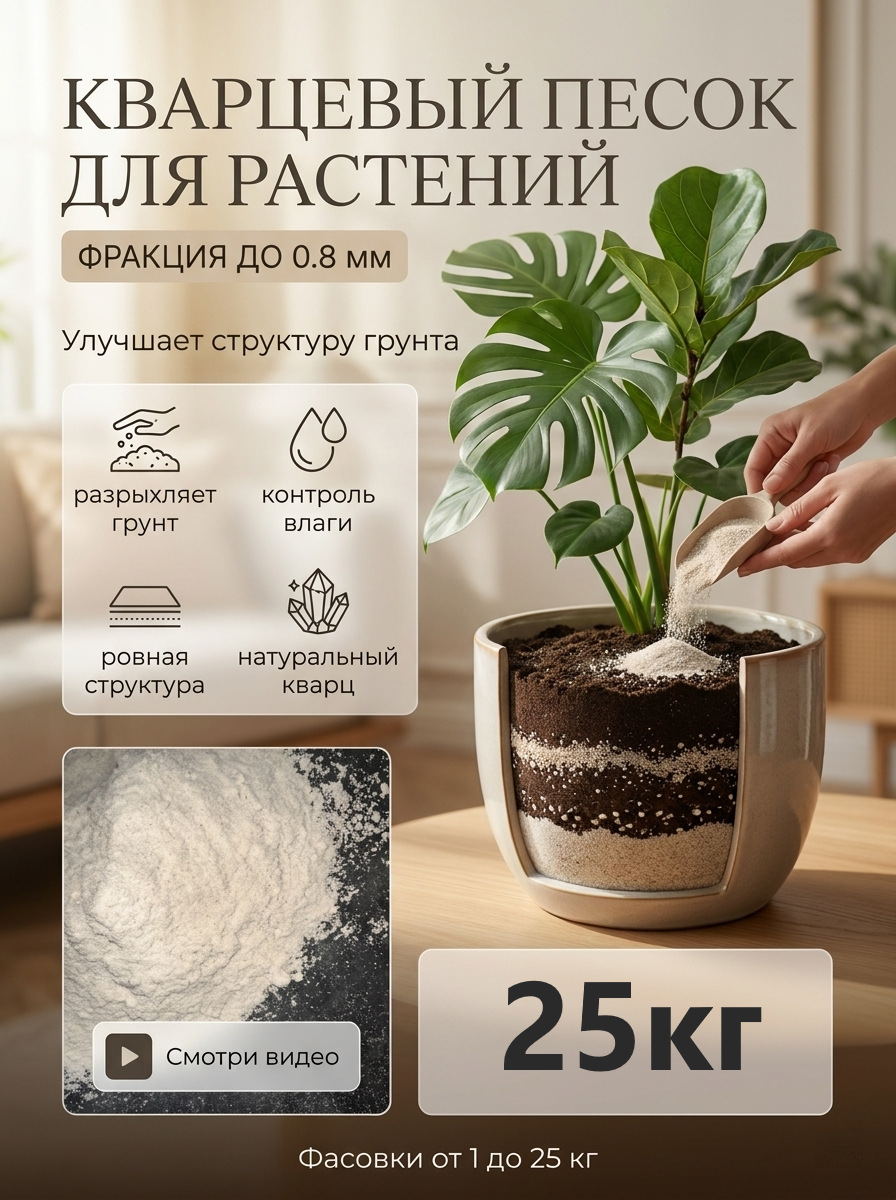 Кварцевый песок для растений до 0.8 мм, мелкий разрыхлитель почвы, добавка в грунт, улучшает дренаж и воздухообмен, 25 кг