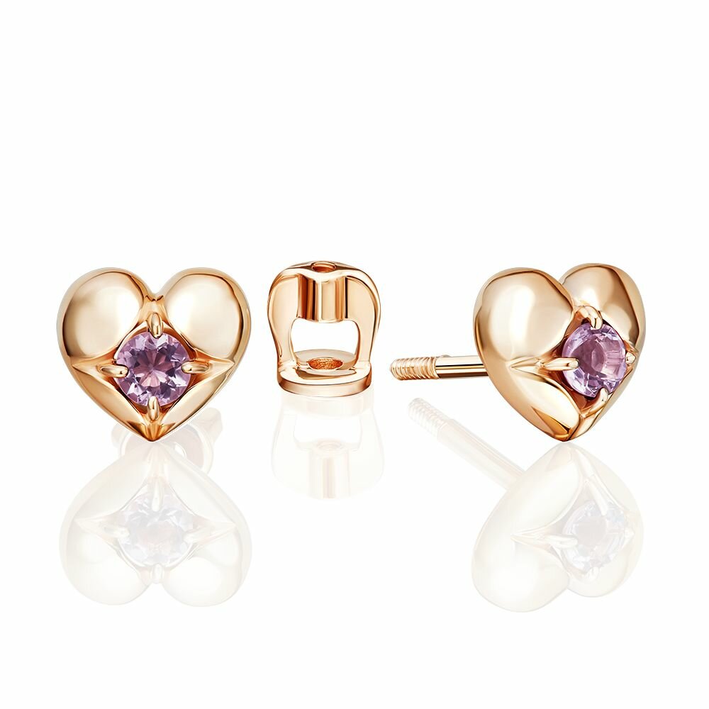 Серьги пусеты, красное золото, 585 проба, аметист