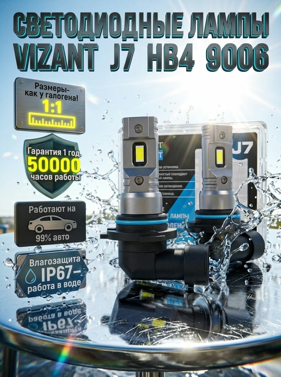 Светодиодные лампы Vizant J7 цоколь HB4 9006 с чипом CSP 3570 4500lm 5000K