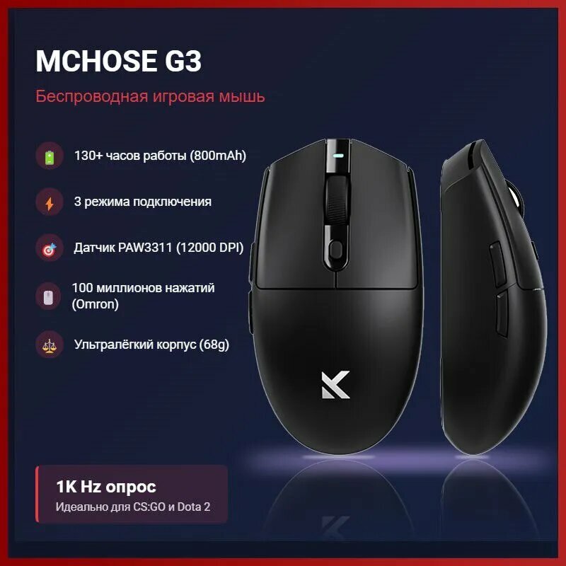 MCHOSE Мышь беспроводная, черный матовый