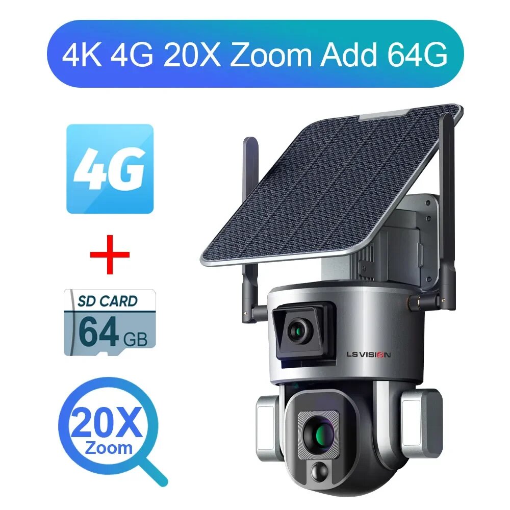 LS VISION 4K UHD камера с двойным экраном, солнечная камера с 4G, наружная камера WiFi с 20-кратным оптическим зумом, двухсторонняя связь, автоматическое отслеживание людей, видеонаблюдение CCTV