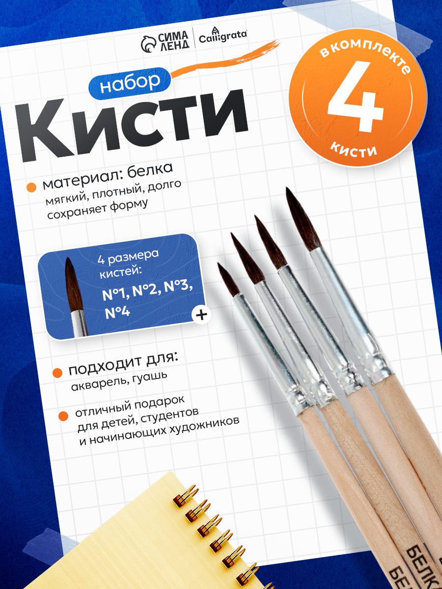 Набор кистей белка круглые 4 штуки (№1,2,3,4) с деревянными ручками на блистере