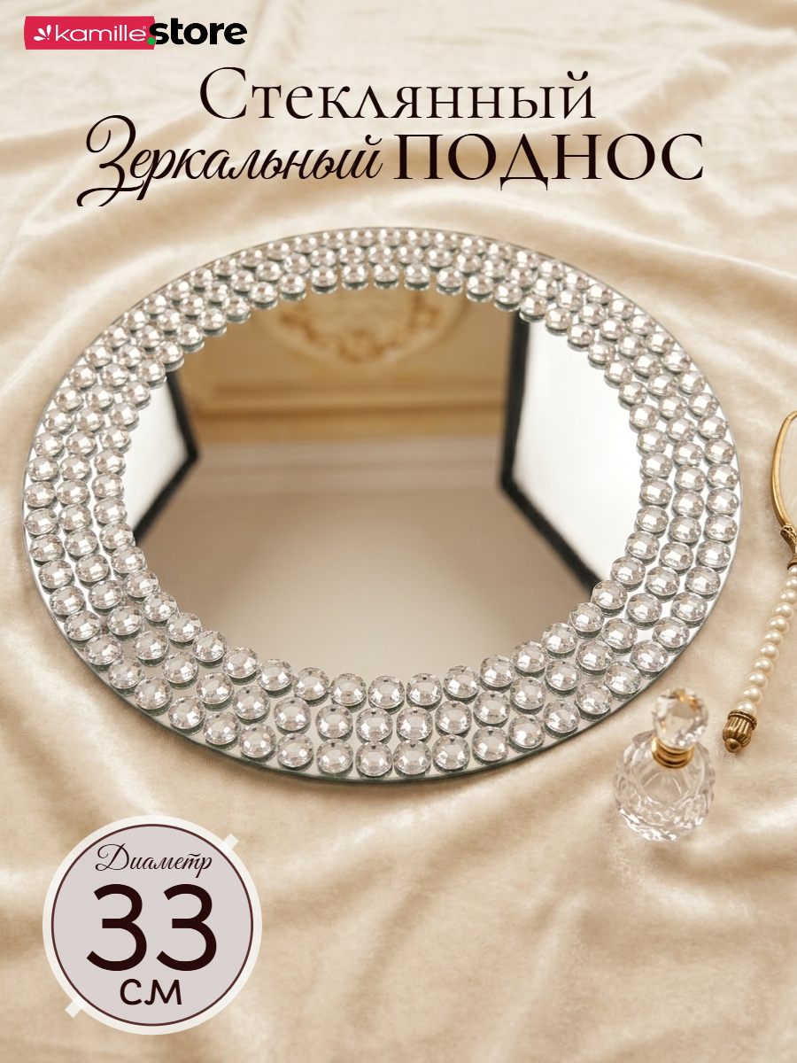 Поднос зеркальный 33 см. круглый, из стекла с декором (серебристый)