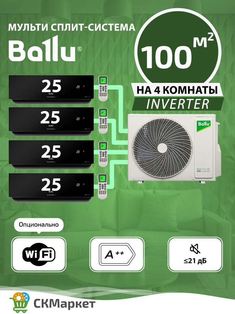 Мульти сплит система кондиционер на 4 комнаты (25+25+25+25) кв. м. Ballu Platinum Evolution BSUI-FM/in-09HN8/EU_BLх4/ BA4OI-FM/out-36HN8/EU, для помещений 100 кв. м, кондиционер инверторный черный