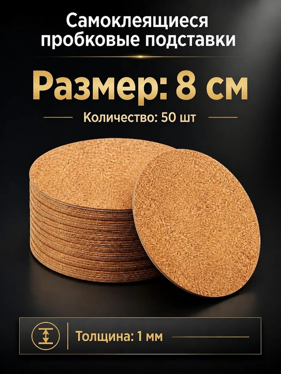 Пробковая подложка для творчества самоклеящаяся 8 см 50 шт