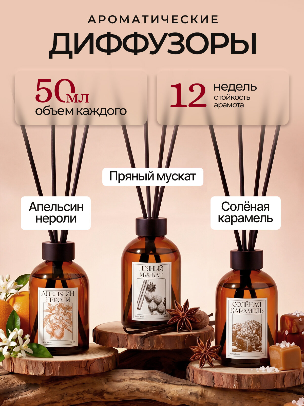 Диффузор для дома с палочками AROMA BLOOM 3шт. Апельсин, Мускат, Карамель
