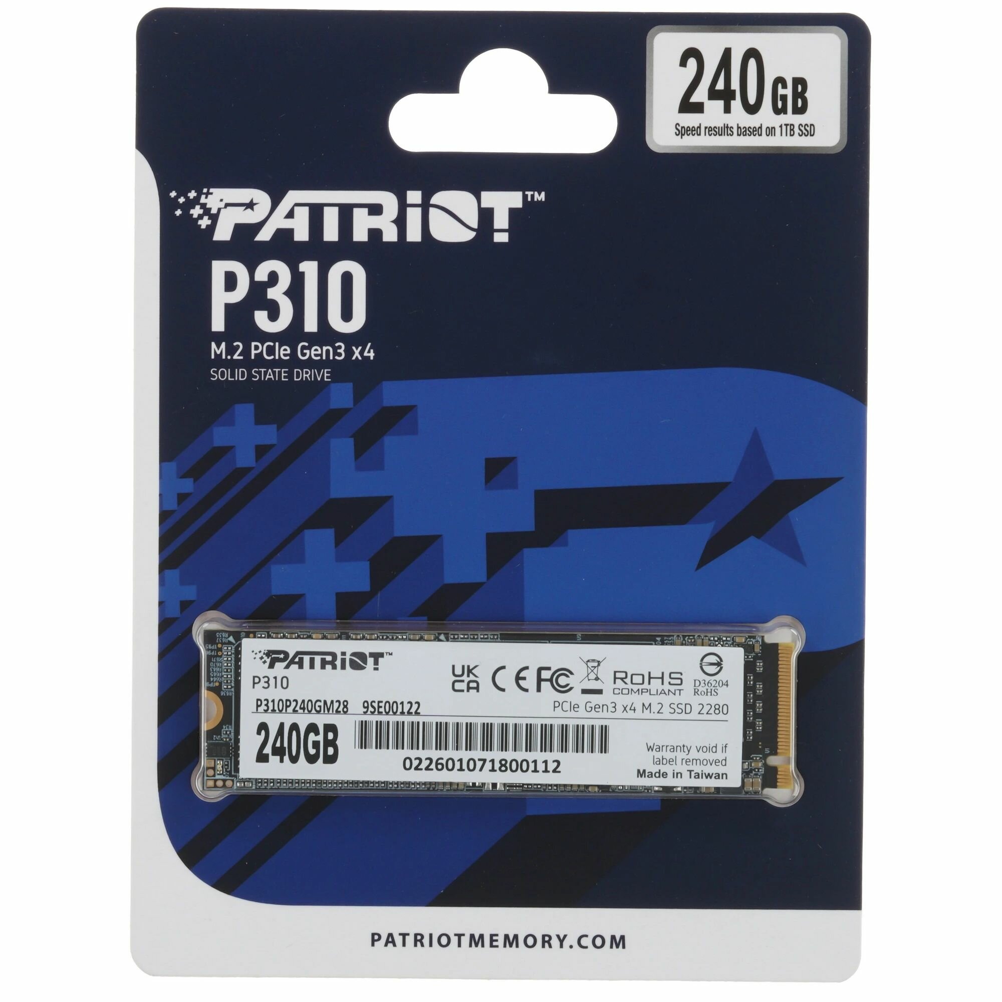 240 ГБ M.2 NVMe накопитель Patriot P310 (P310P240GM28) - PCI-E 3.0, чтение - 1700 МБ/с, запись - 1000 МБ/c, TBW - 120