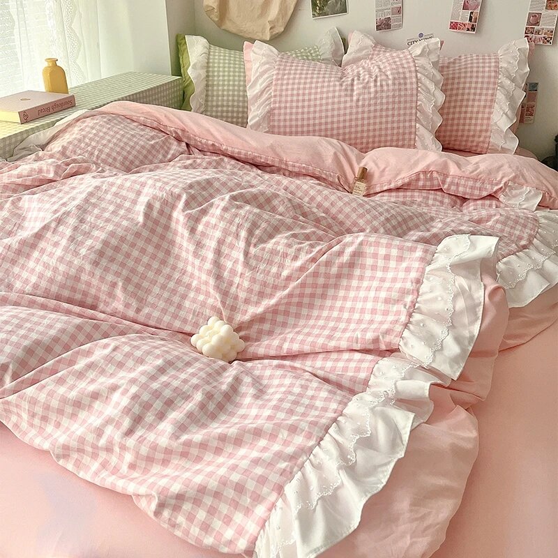 Розовый клетчатый комплект постельного белья из трех предметов 220x240cm 3pcs, gezi huabian fen